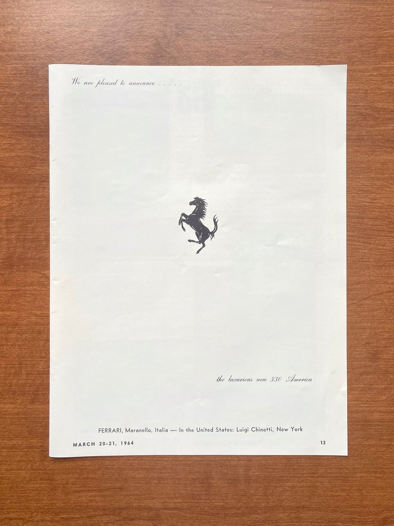 1964 Ferrari Prancing Horse 330 America Advertisement | Ad Patina