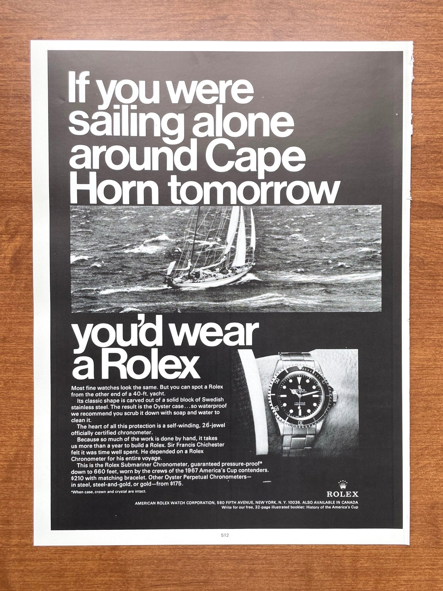 1969 Rolex Submariner "Sailing... Cape Horn" Advertisement | Ad Patina