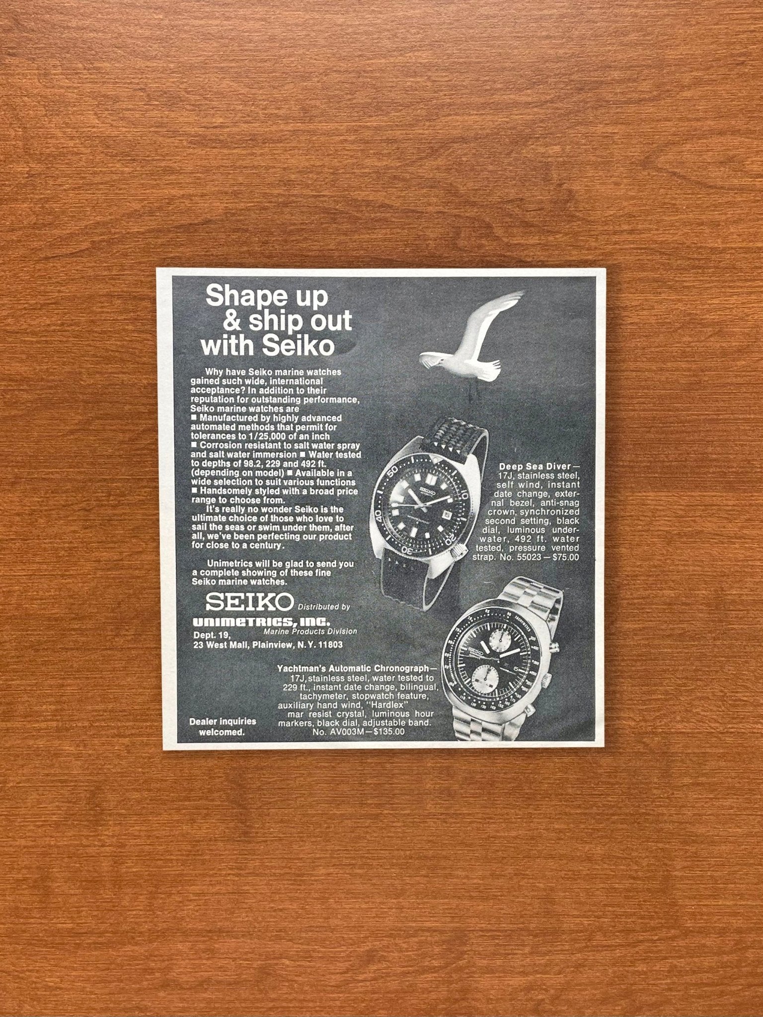 1971 Seiko diver 6105-8000 and 6138 Chronograph Advertisement | Ad Patina