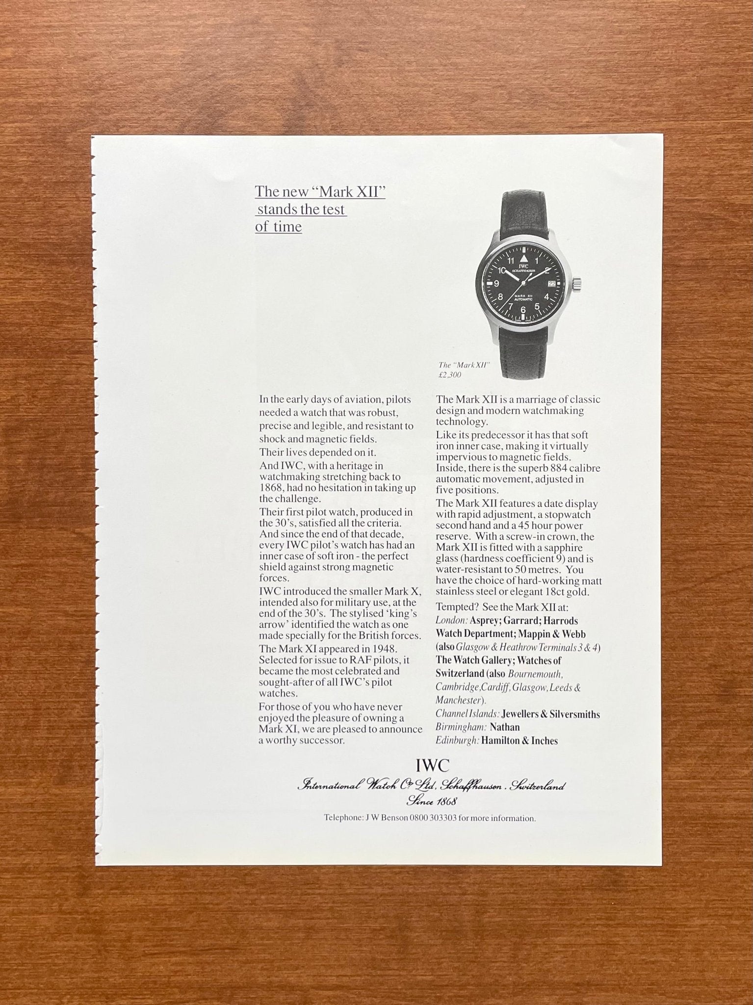 1995 IWC Mark XII Pilot's Watch Advertisement | Ad Patina
