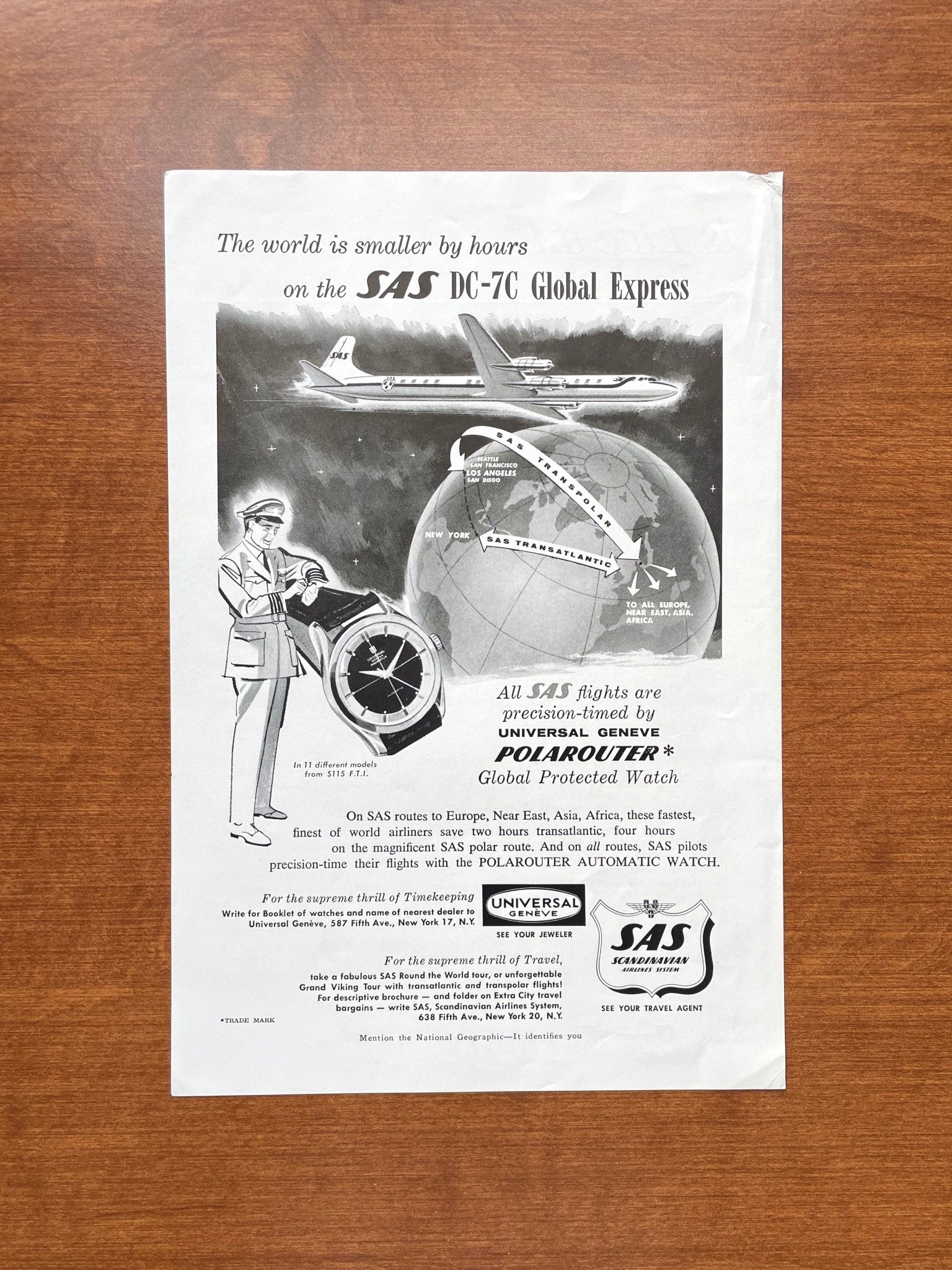 1956 Universal Geneve Polarouter "SAS DC-7C" Advertisement | Ad Patina