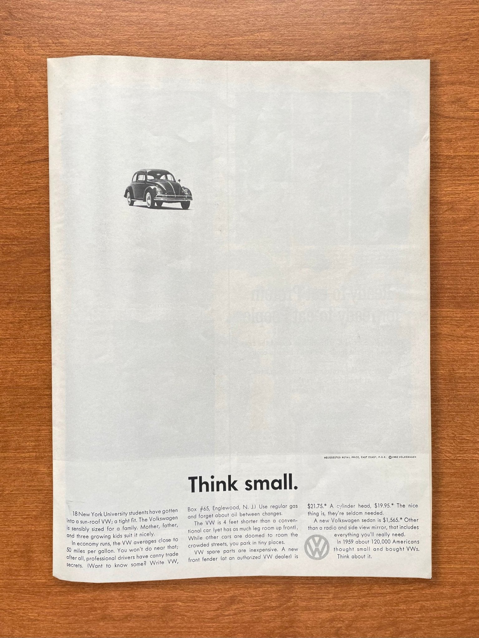 1960 Volkswagen VW Beetle "Think small." Advertisement | Ad Patina
