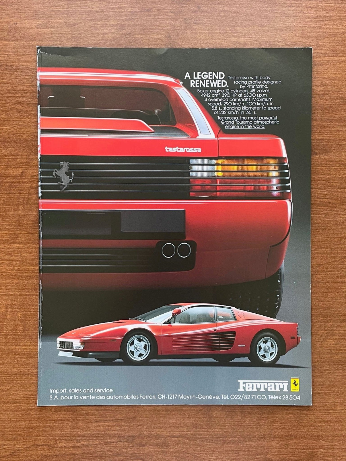1985 Ferrari Testarossa "A Legend Renewed" Advertisement | Ad Patina