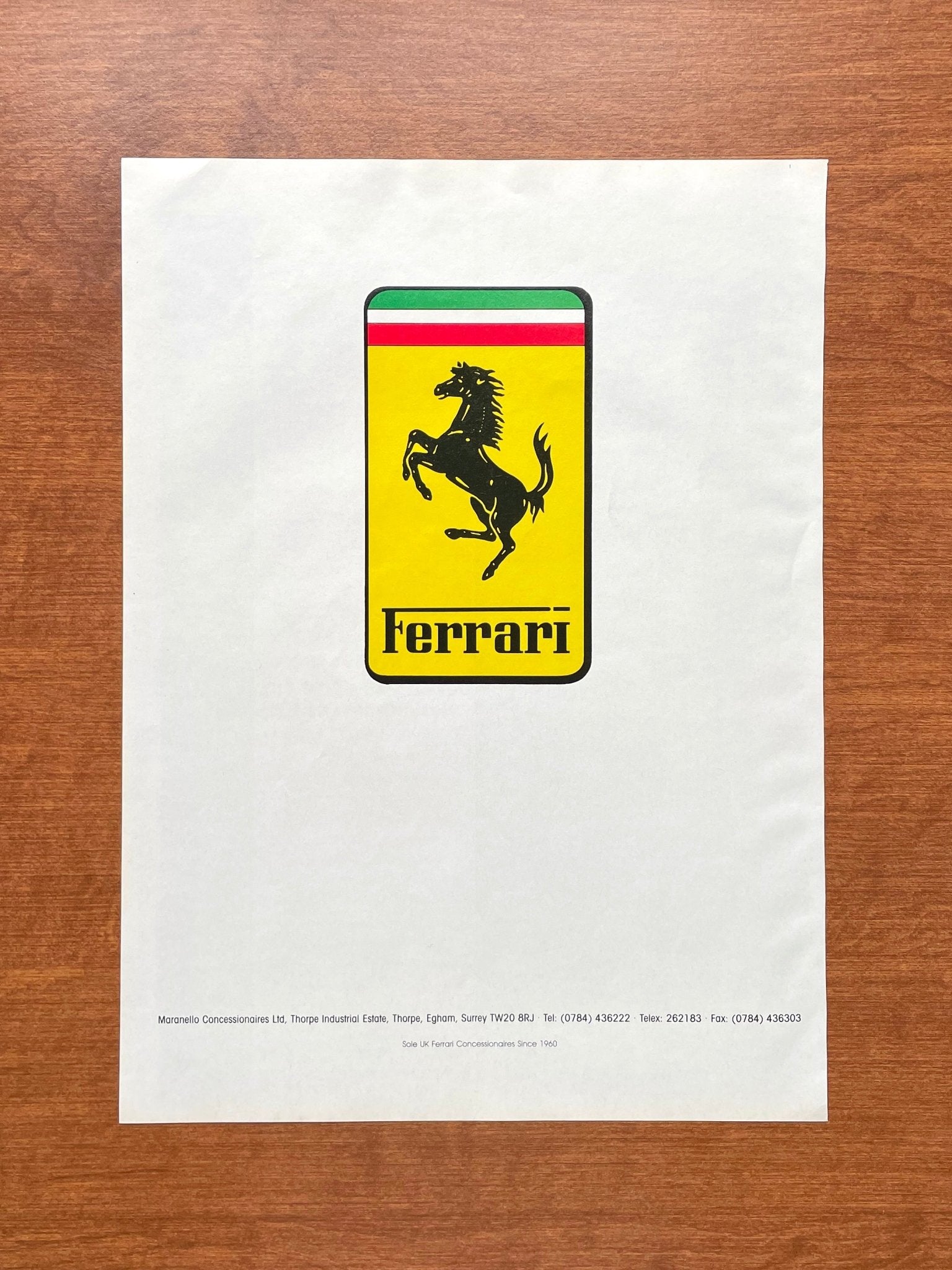 1989 Ferrari Hood Emblem Advertisement | Ad Patina