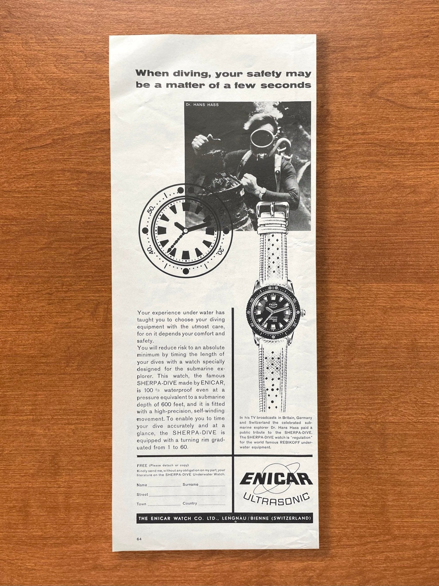 Vintage Enicar Sherpa Dive Watch Advertisement | Ad Patina