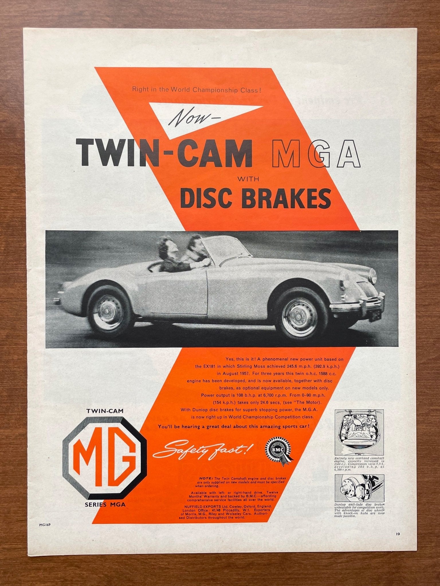 Vintage MG "Twin-Cam MGA with Disc Brakes" Advertisement | Ad Patina